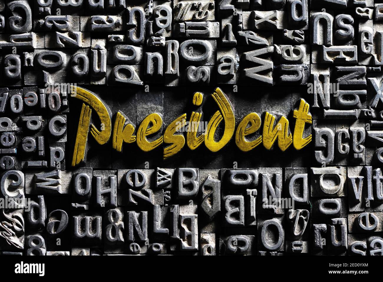 Old lead letters with golden writing, word President Stock Photo - Alamy