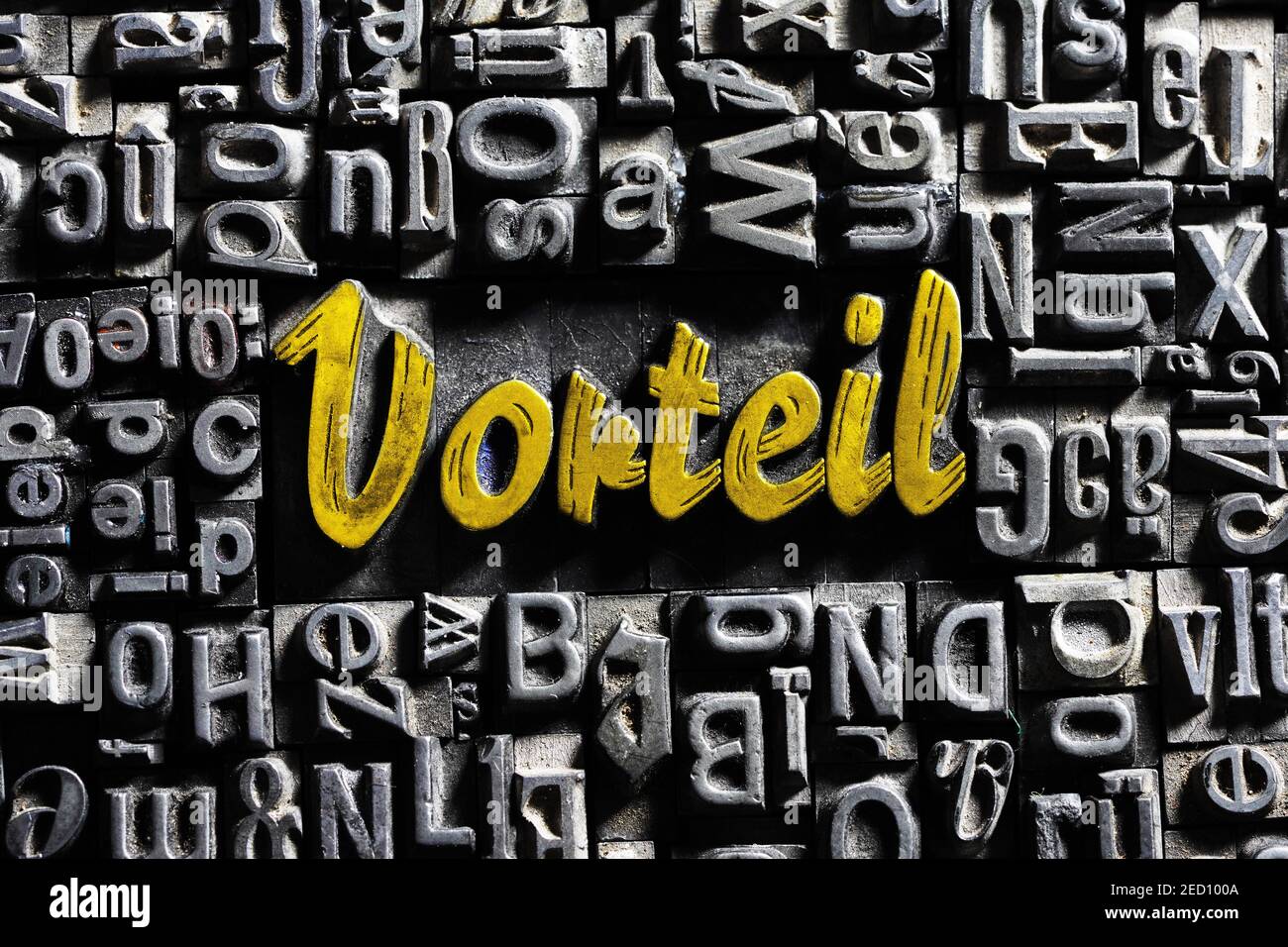 Old lead letters with golden writing, word advantage Stock Photo - Alamy