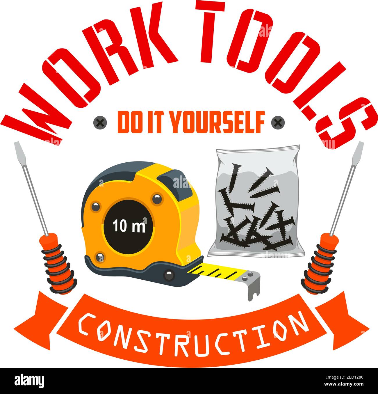 Construction work tools label with elements of ruler tape, screws set ...