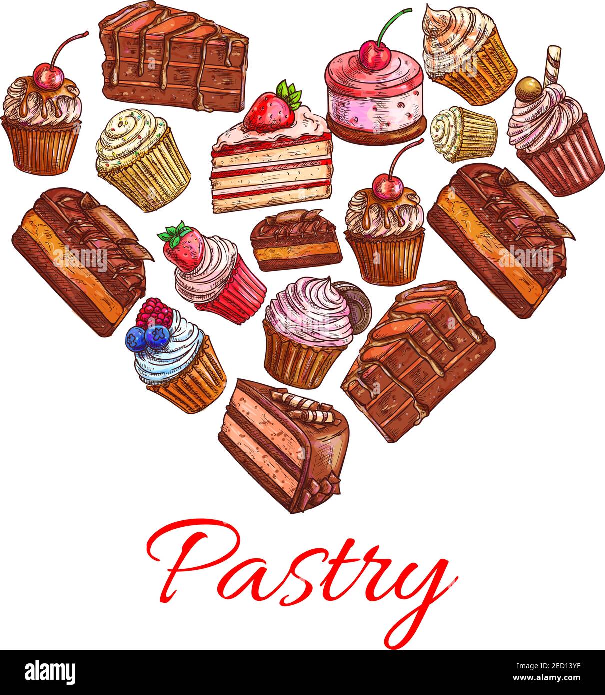 Pastry label in shape of heart with vector sweets icons of chocolate ...