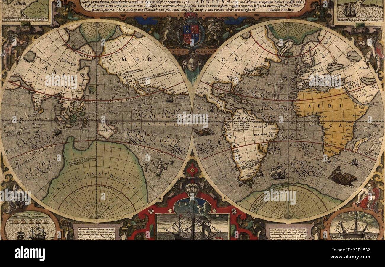 Beautiful vintage hand drawn map of known World from old book. Can be ...