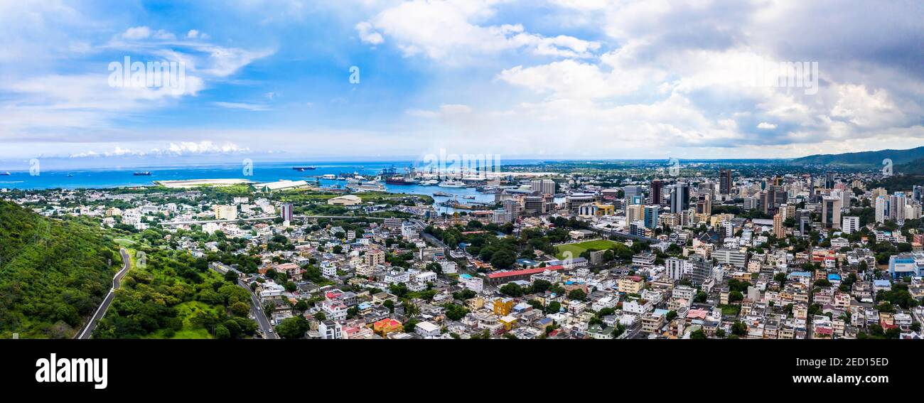 Aerial view Port Louis with harbour, old town and financial district ...