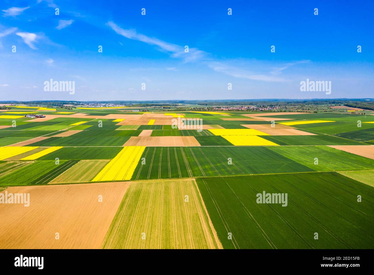 Aerial view, agriculture villages with fields and rape, Muenzenberg ...