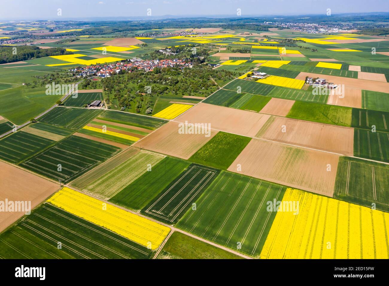 Aerial view, agriculture villages with fields and rape, Muenzenberg ...