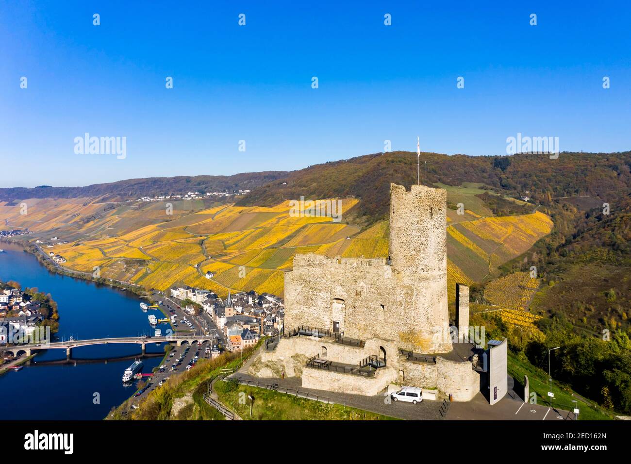 Aerial view of Landshut castle ruins above the Moselle, Bernkastel-Kues ...