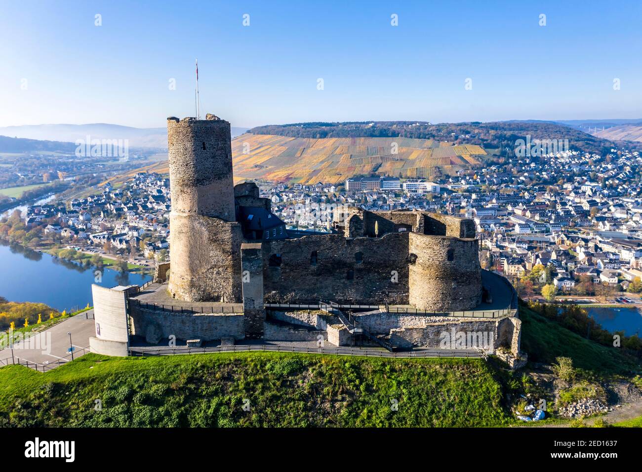 Aerial view of Landshut castle ruins above the Moselle, Bernkastel-Kues ...