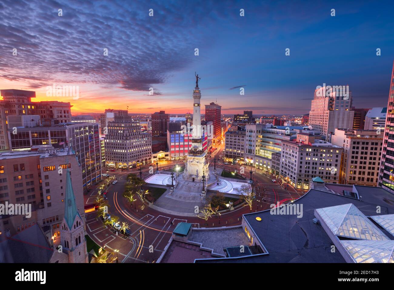 Indianapolis, Indiana, USA skyline over Monument Circle at dusk Stock ...