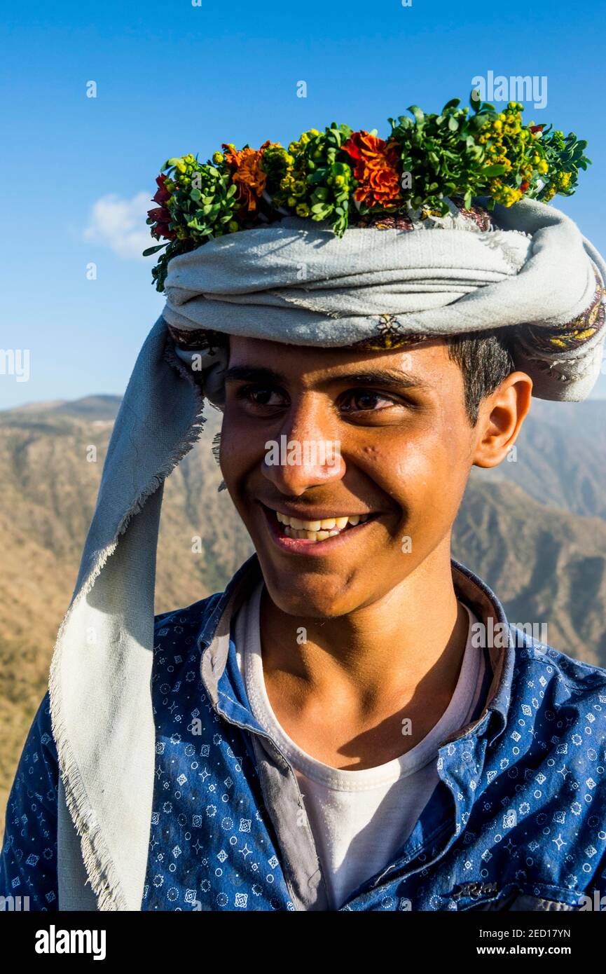 Famous flower man in Mount Souda, highest mountain in Saudi Arabia ...
