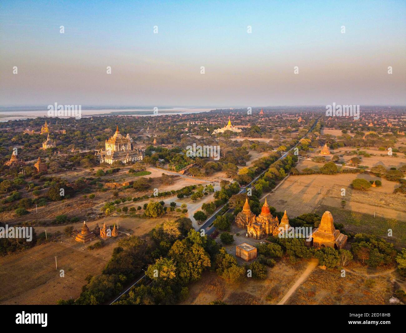 Aerial of the temples of Bagan, Myanmar, Old Bagan, Nyaung-U, Mandalay ...