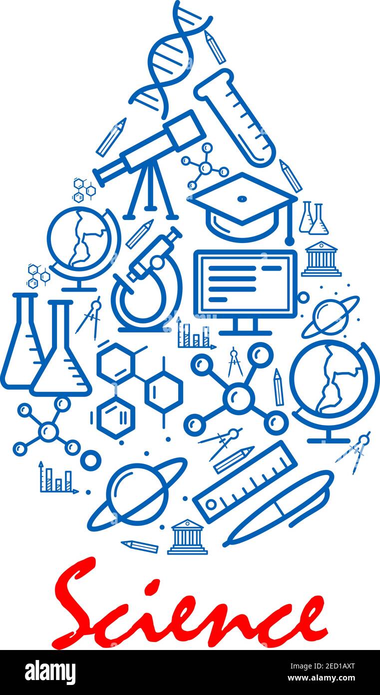 Science emblem in shape of water drop. Scientific objects for education ...