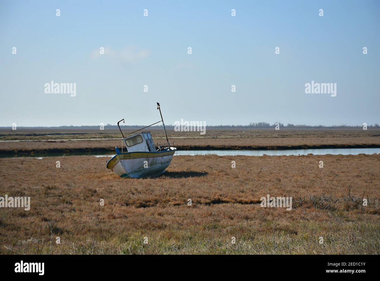 Landscape with a stranded traditional Greek fishing boat on Axios River ...
