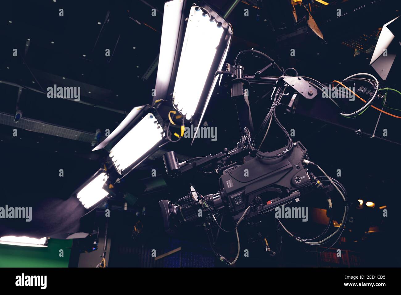 Camera jib and lighting equipment in broadcasting studio Stock Photo ...