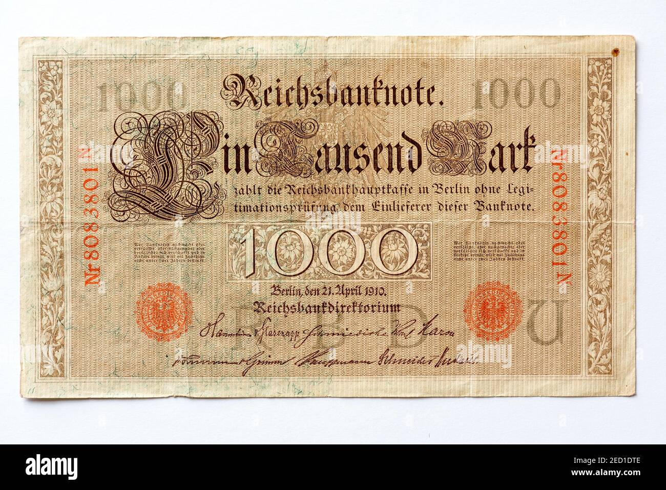 Banknote over thousand Mark, Reichsmark, 1000 RM, front side ...