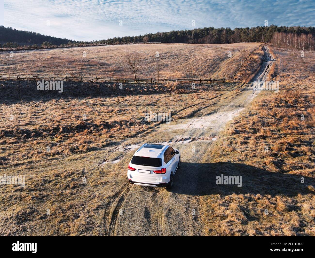 overhead top view of the suv car going by trail road copy space Stock ...