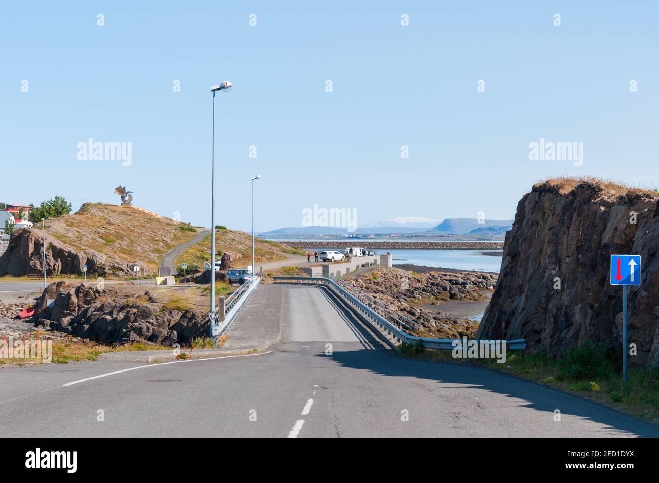 Bridge from town of Borgarnes towards island of Brokey in Iceland Stock ...