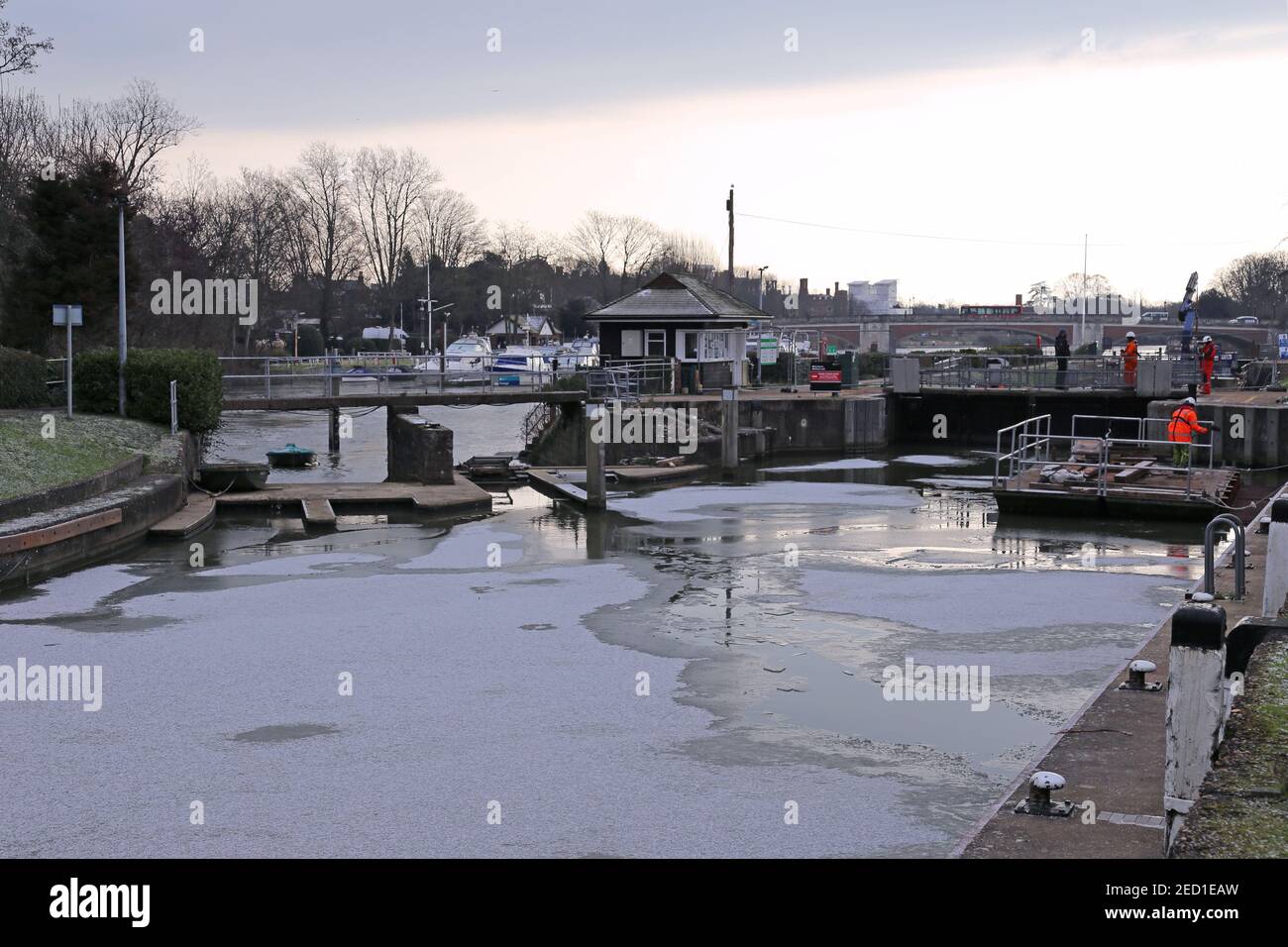 River Thames frozen over at Molesey Lock, Hampton Court, East Molesey ...
