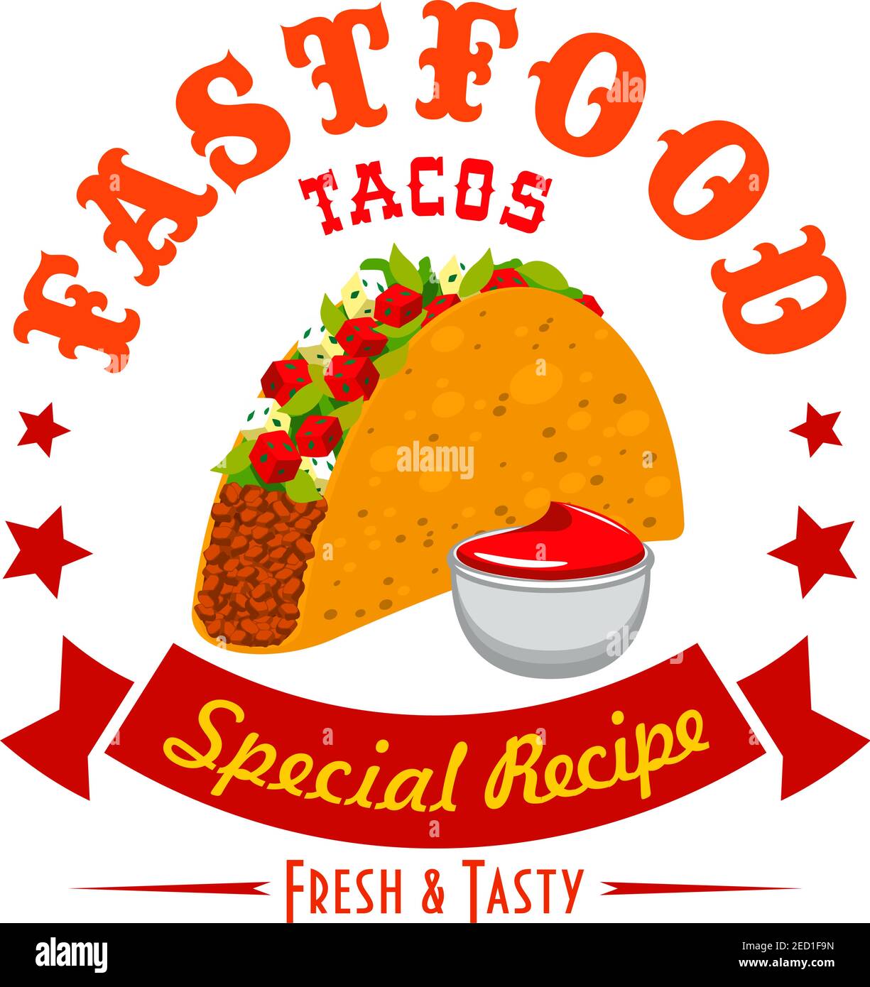 Tacos fast food vector emblem. Menu card vector element of crispy ...