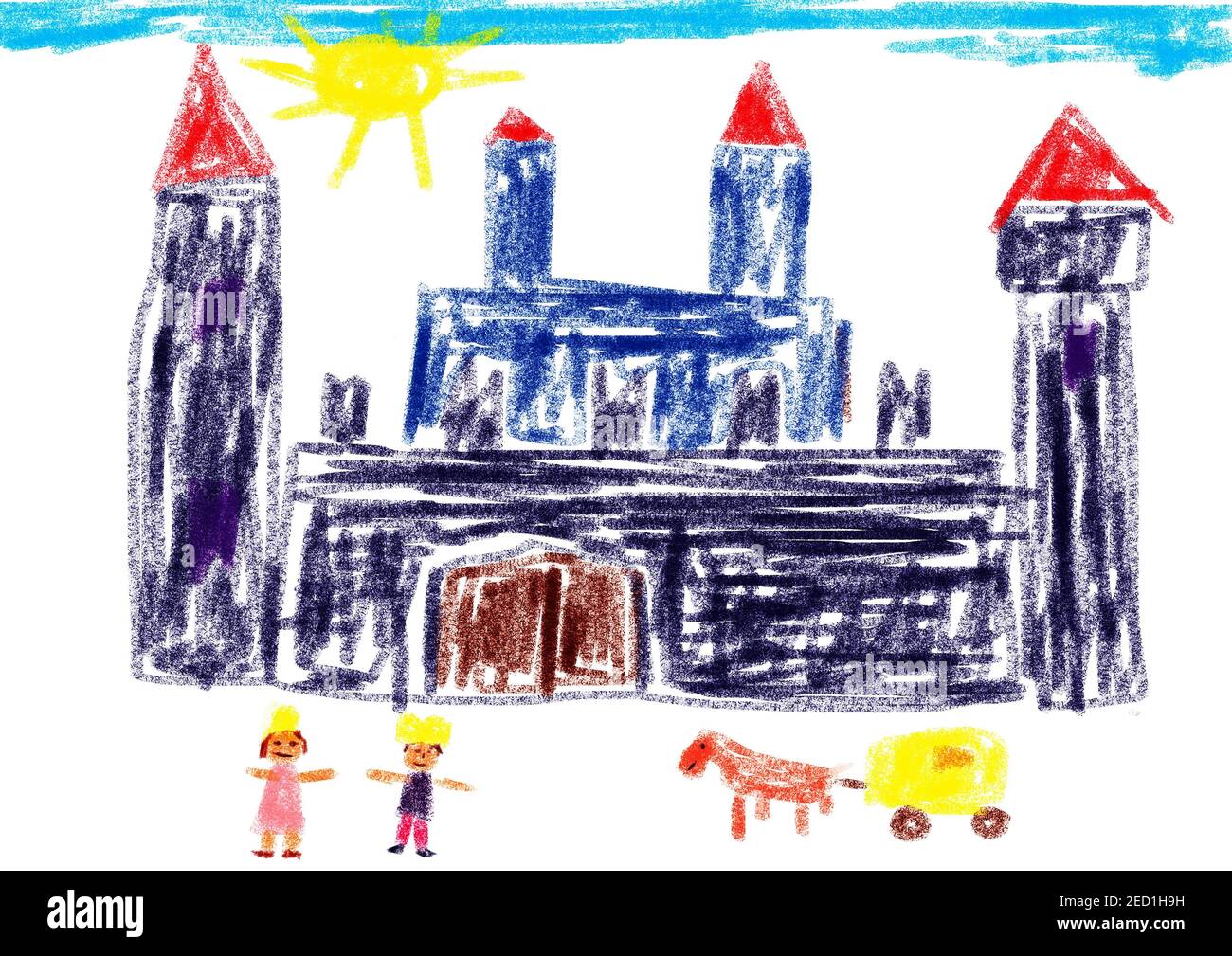 Naive illustration, children's drawing, prince and princess in front of ...