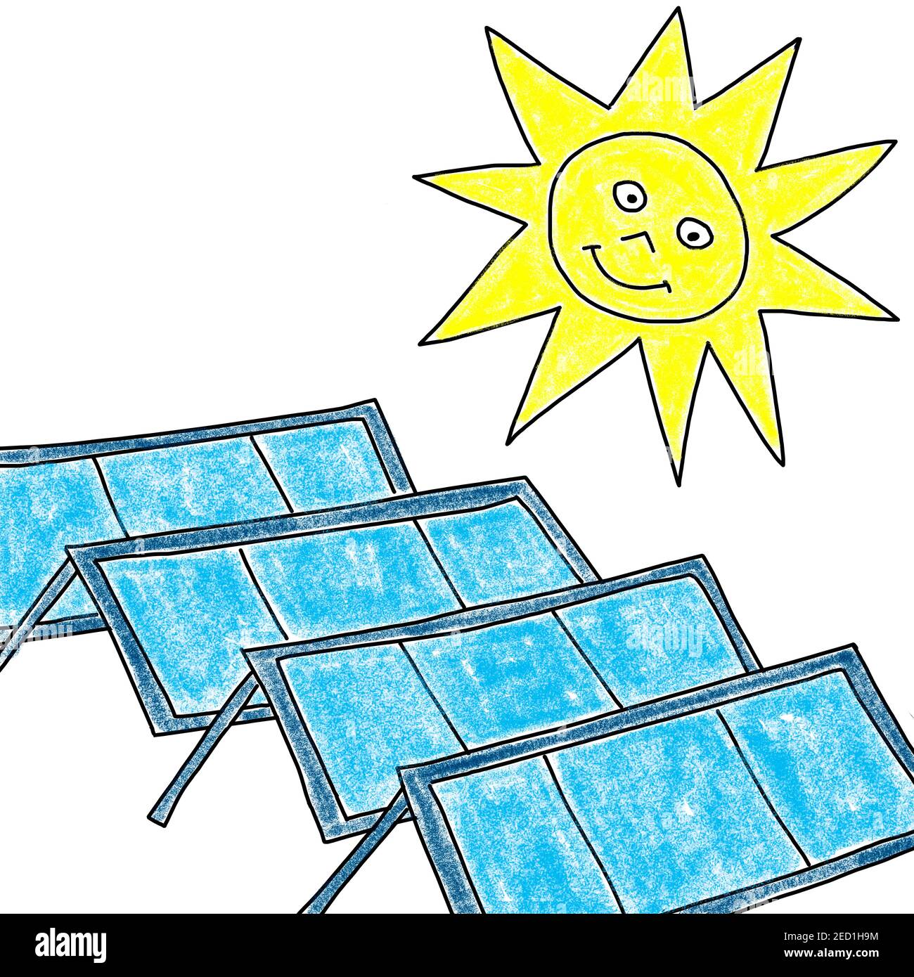 Naive illustrations, children drawing, solar panels, photovoltaic ...