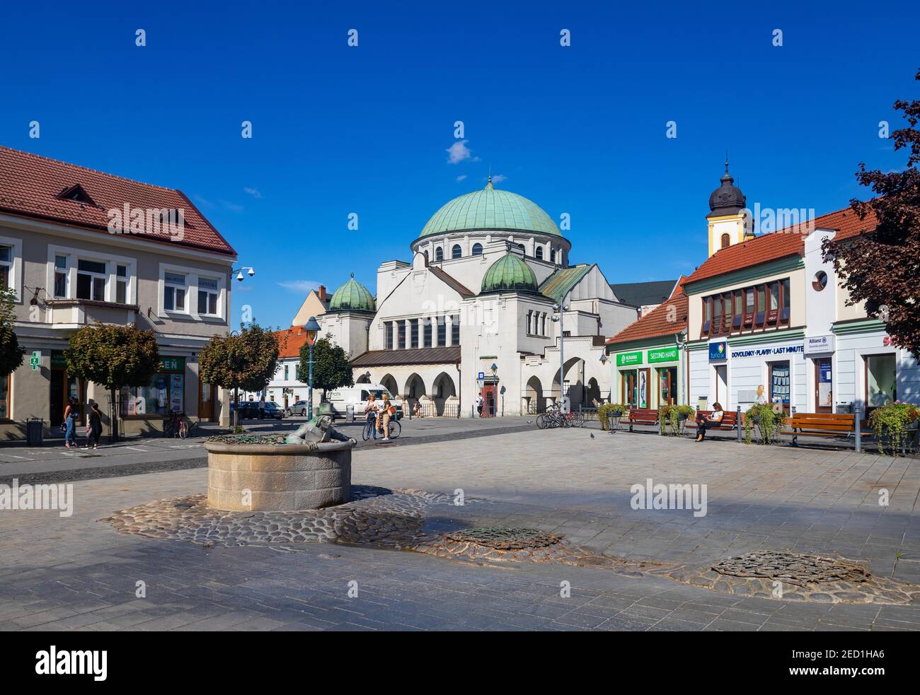 Jewish synagogue on the main square with Aquarius fountain Vodnik ...