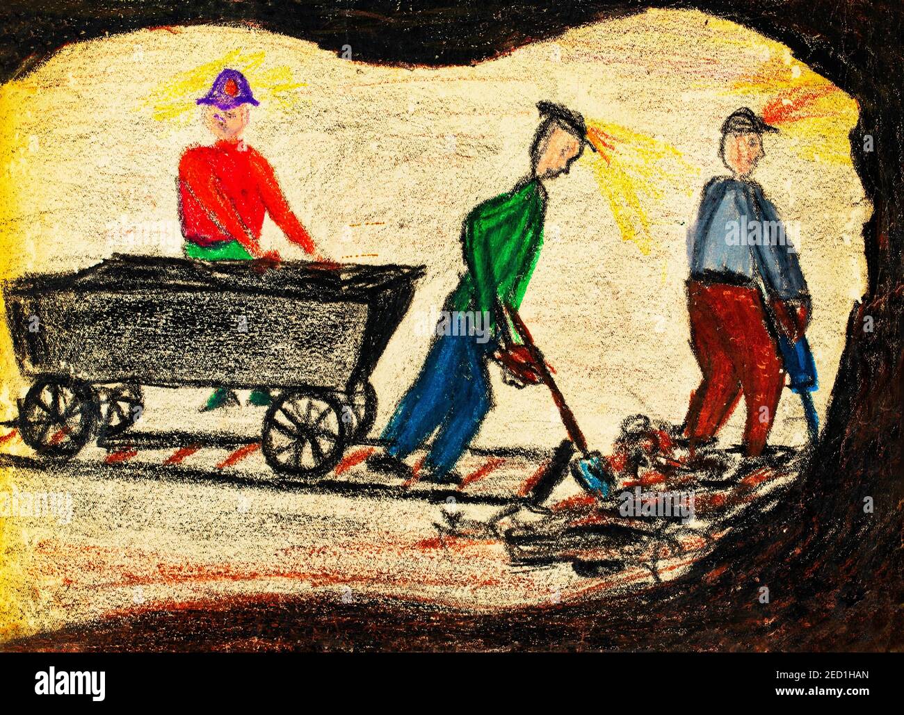 Naive illustration, children drawing, miners working in coal mine ...