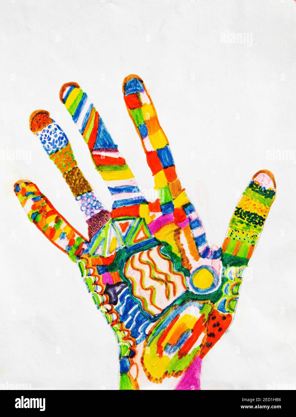 Naive illustration, children drawing, colorful painted hand, Austria ...