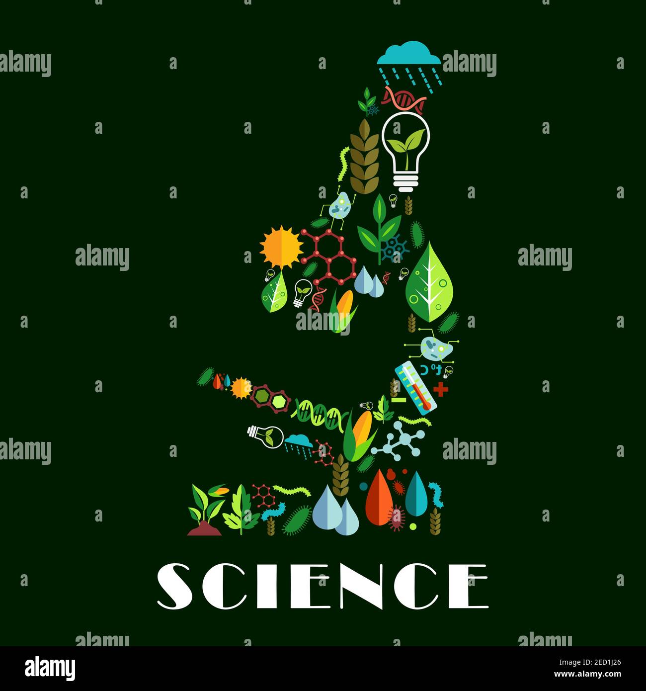 Science emblem in shape of microscope combined from color flat icons of ...