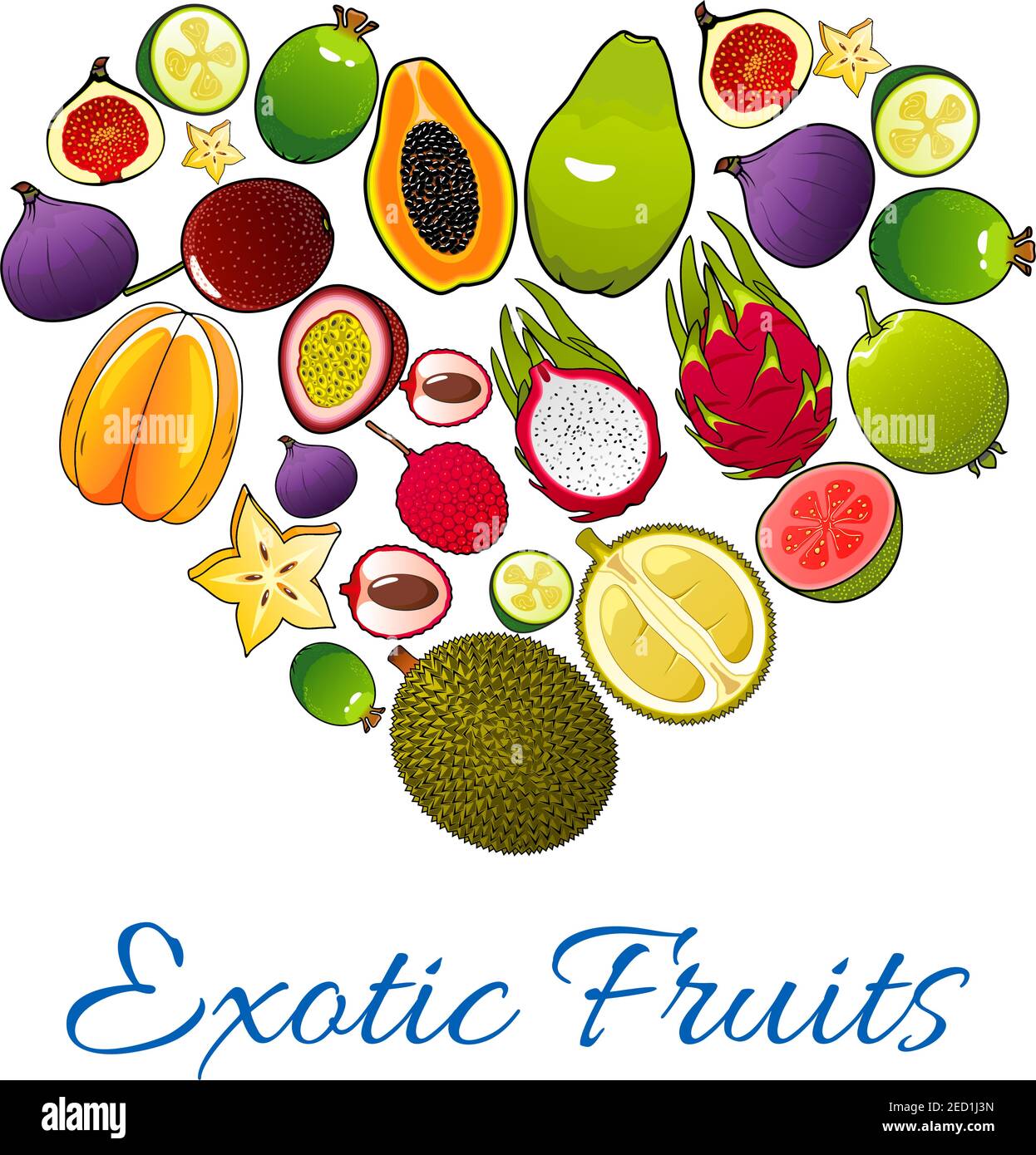 Exotic fruits icons in shape of heart. Vector emblem of tropical fruits ...