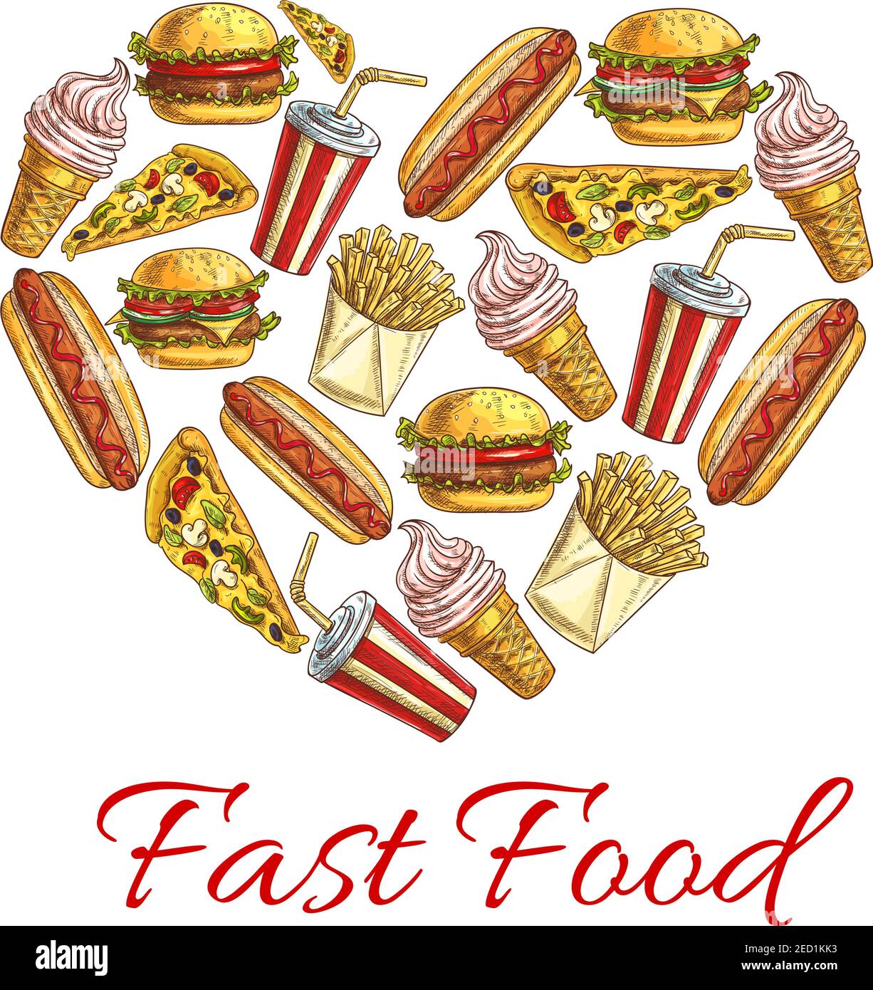 Fast food sketch icons combined heart shape. I love fast food concept ...