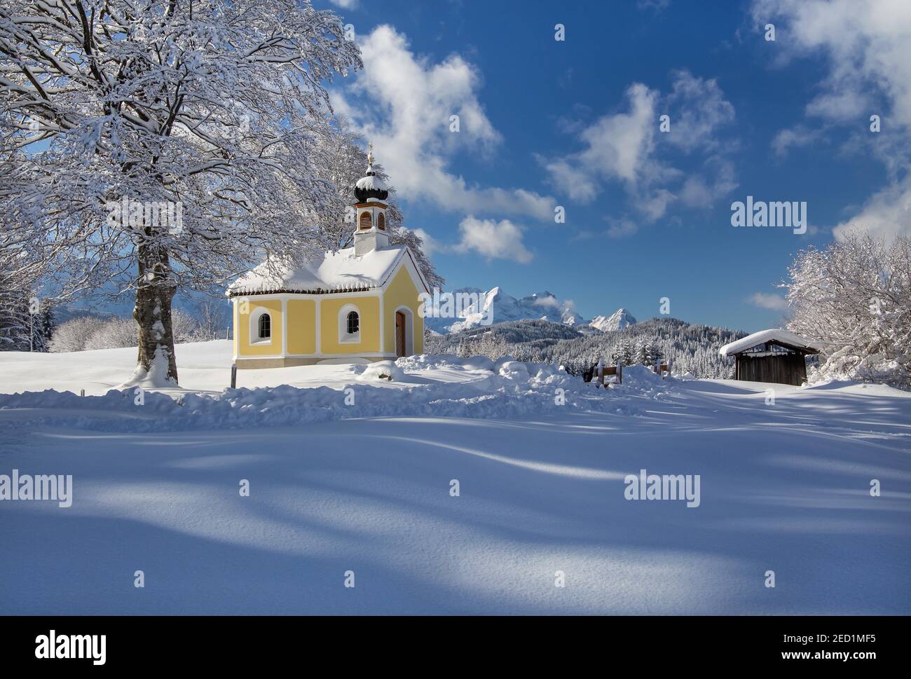 Maria Rast Chapel on the Buckelwiesen with Zugspitze Group in the ...