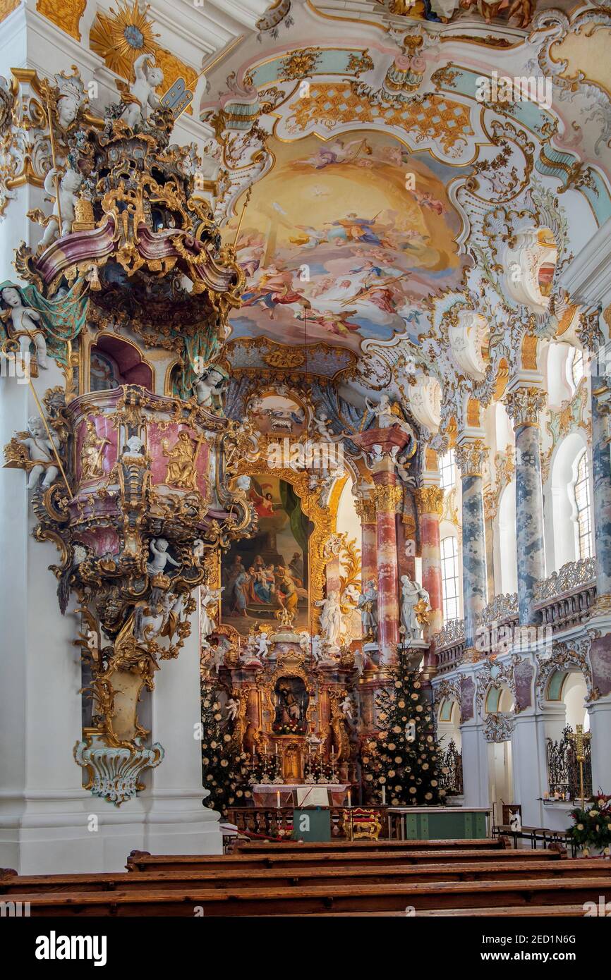 Altar room with pulpit inside the Wieskirche, Weiler Wies, Steingaden ...