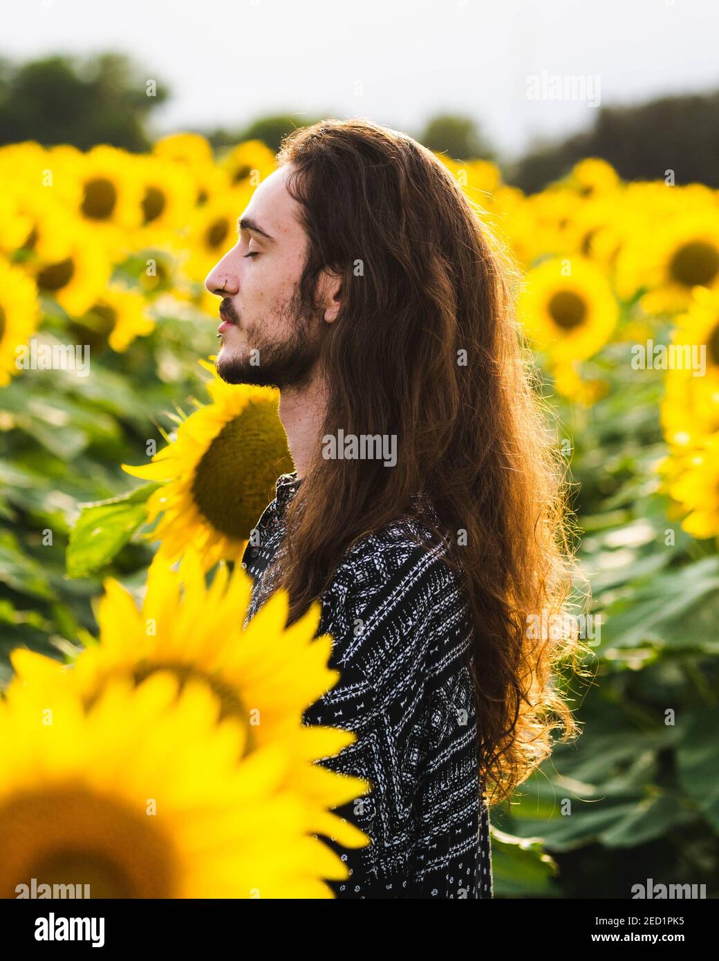 Side view of serene unemotional hipster male with long hair standing in ...