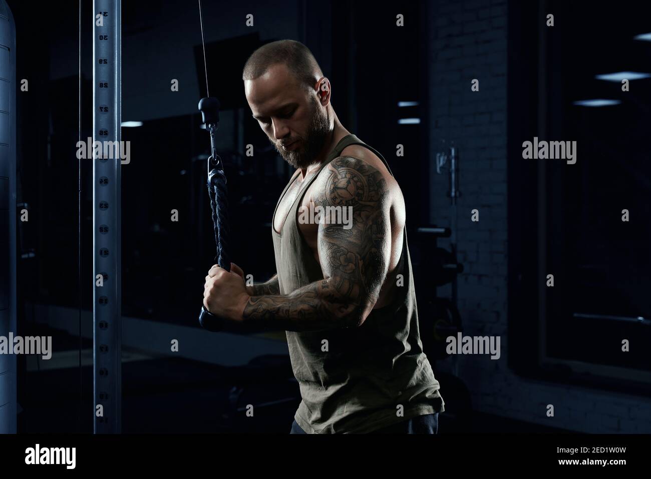 Portrait of muscular tattooed bodybuilder doing crossover exercise ...