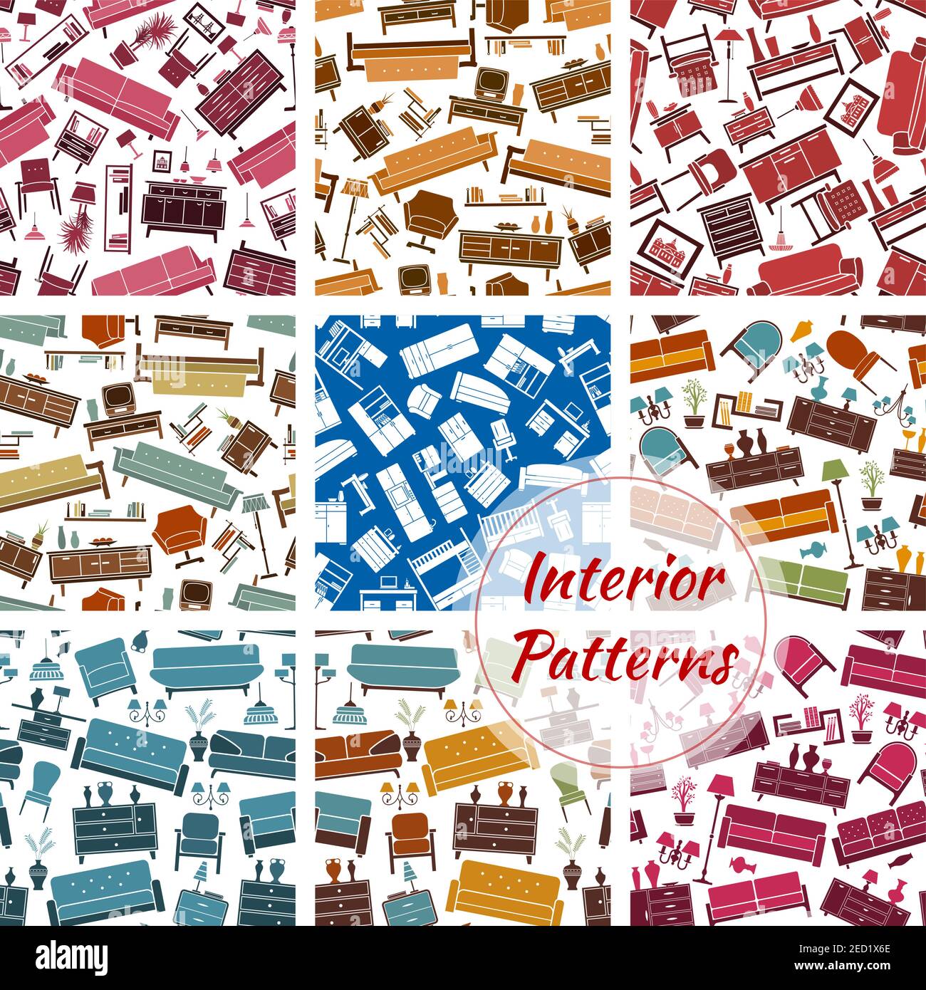 Interior furniture and home objects patterns set. Color interior ...
