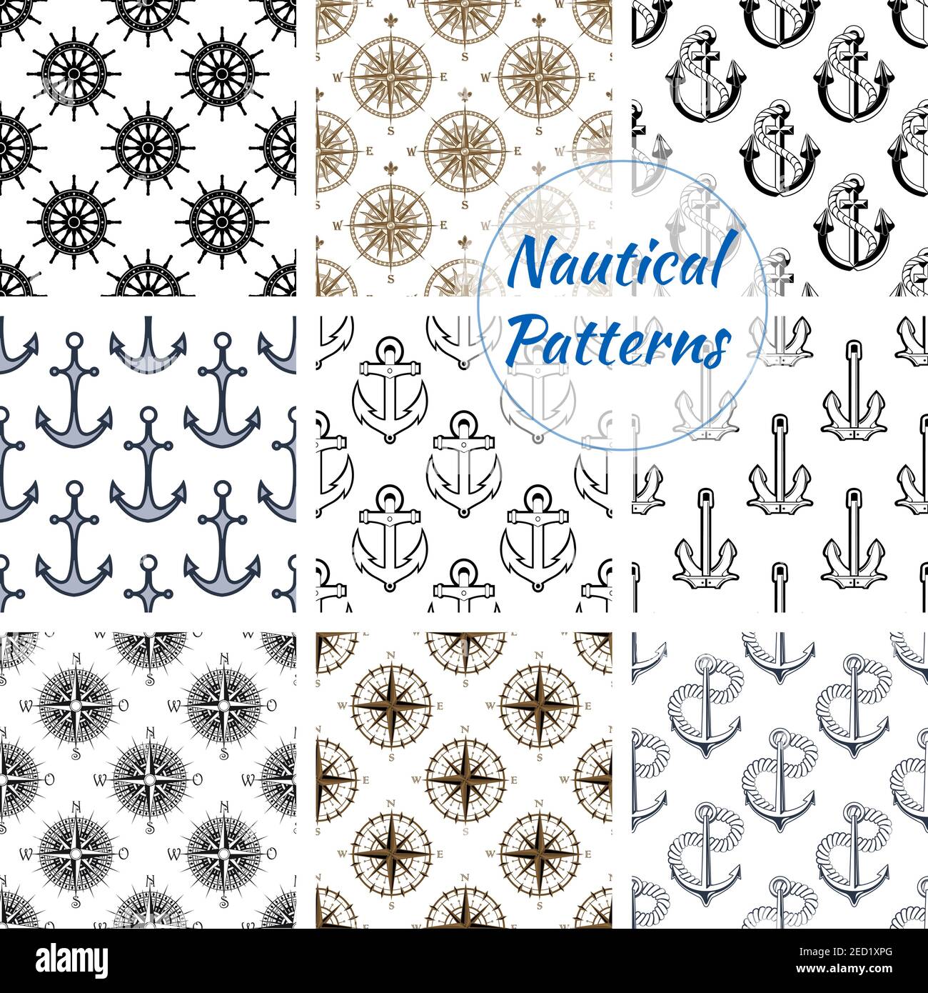 Nautical patterns set. Vector pattern of stylized navy ship anchor on ...
