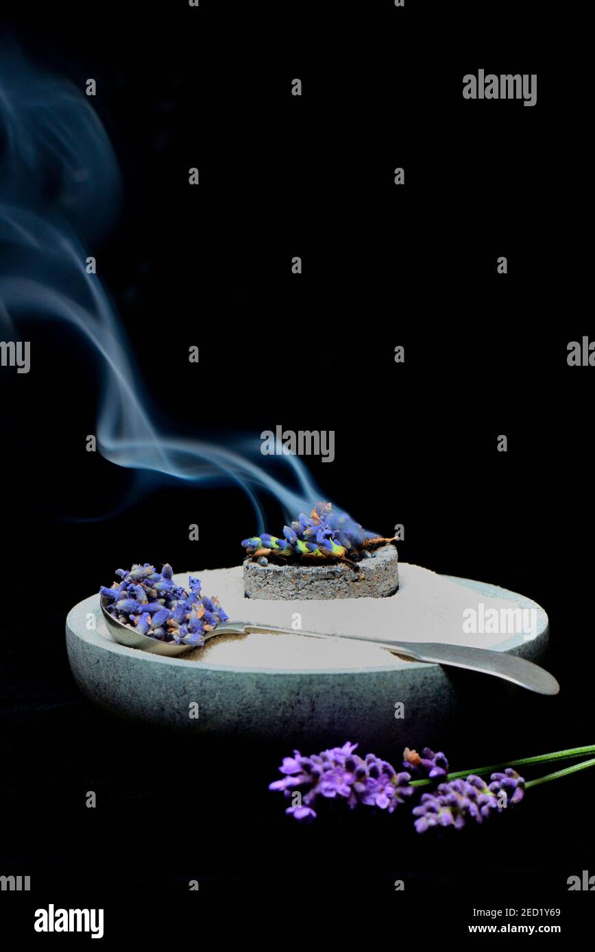 Dried lavender flowers ( Lavandula angustifolia) are burned with the ...