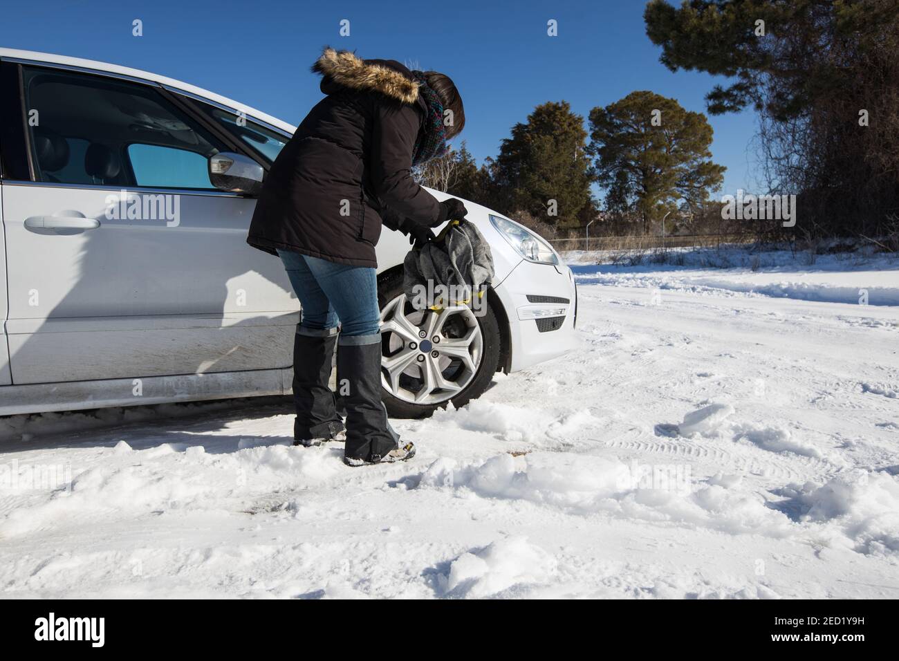 Side view of anonymous female driver changing wheel of car in winter ...