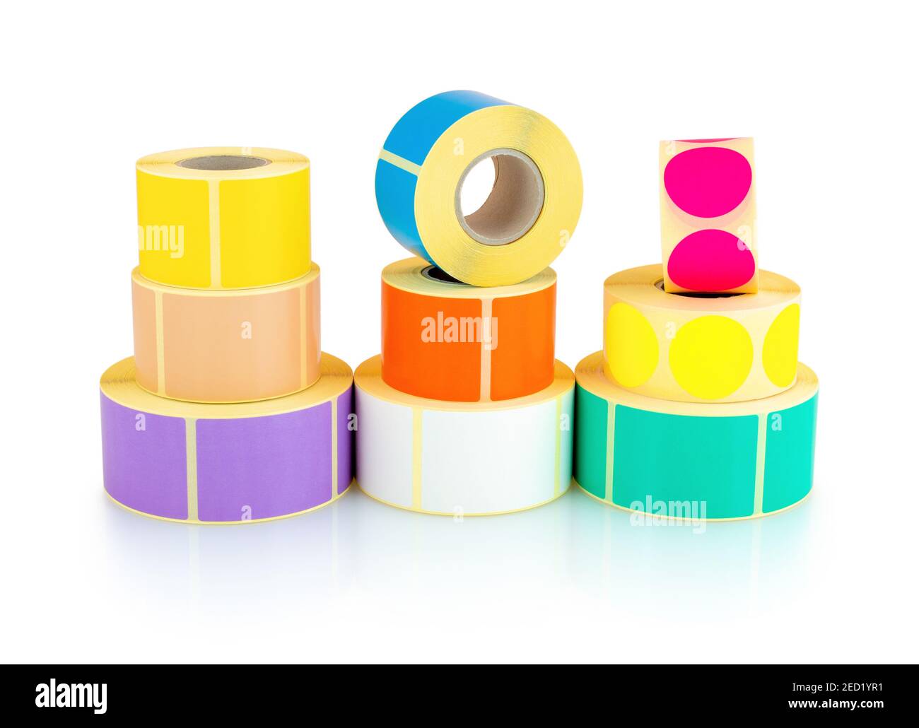 Colored square and circle label rolls isolated on white background with ...
