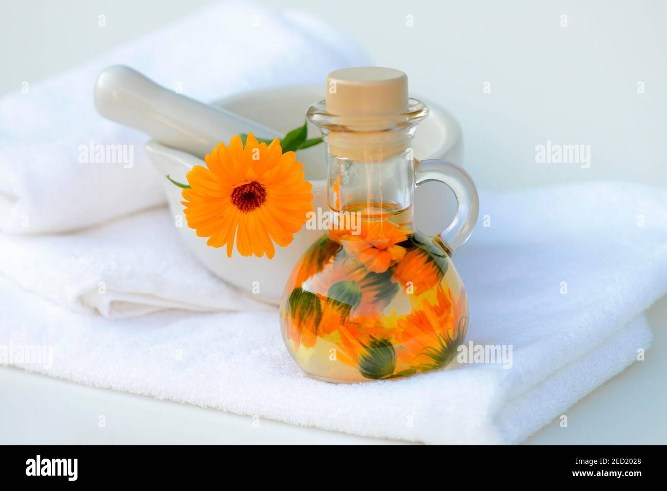 Calendula oil in bottle, Calendula oil Stock Photo - Alamy