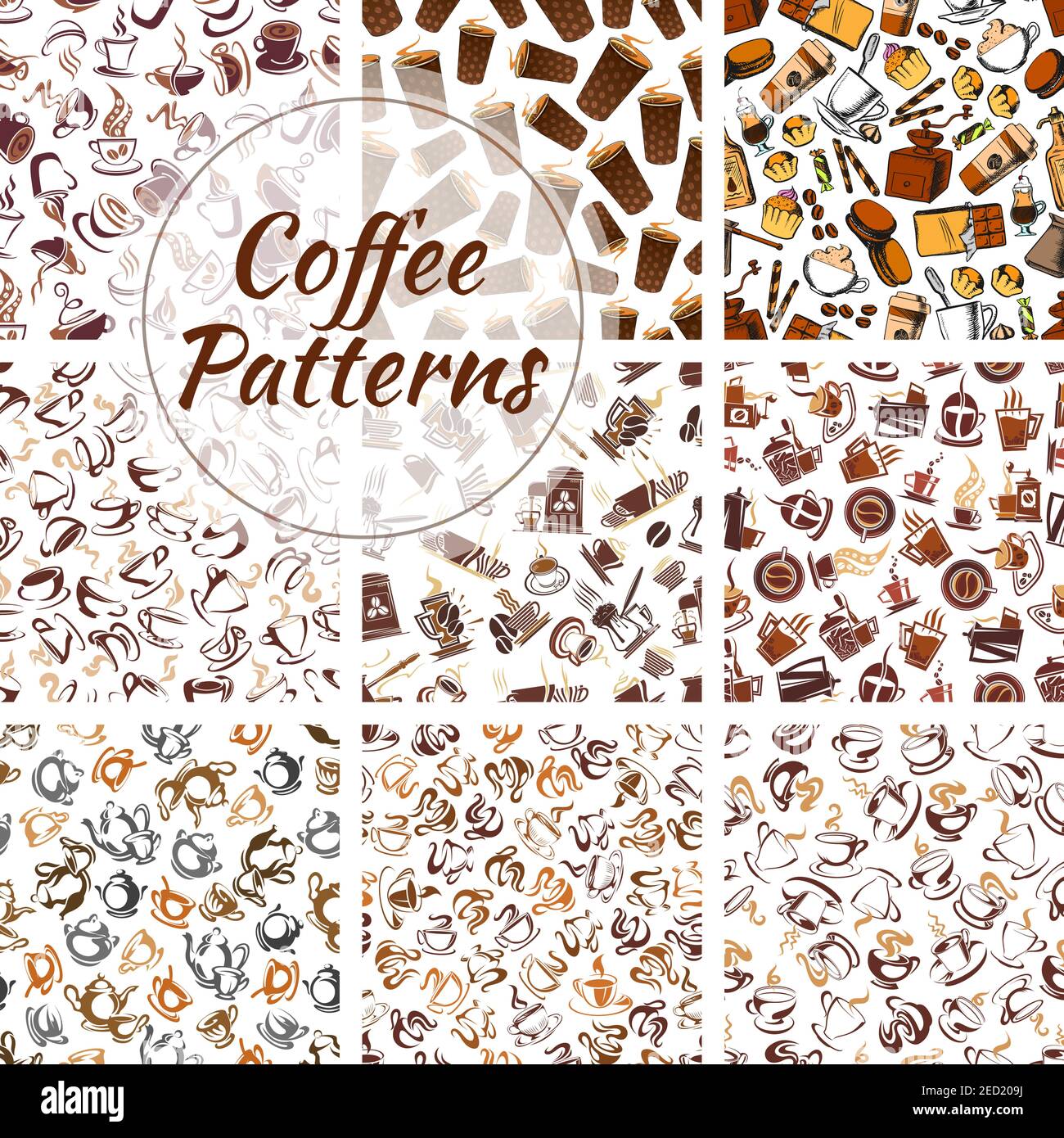 Coffee beans, cups, mills patterns set. Vector seamless pattern of ...