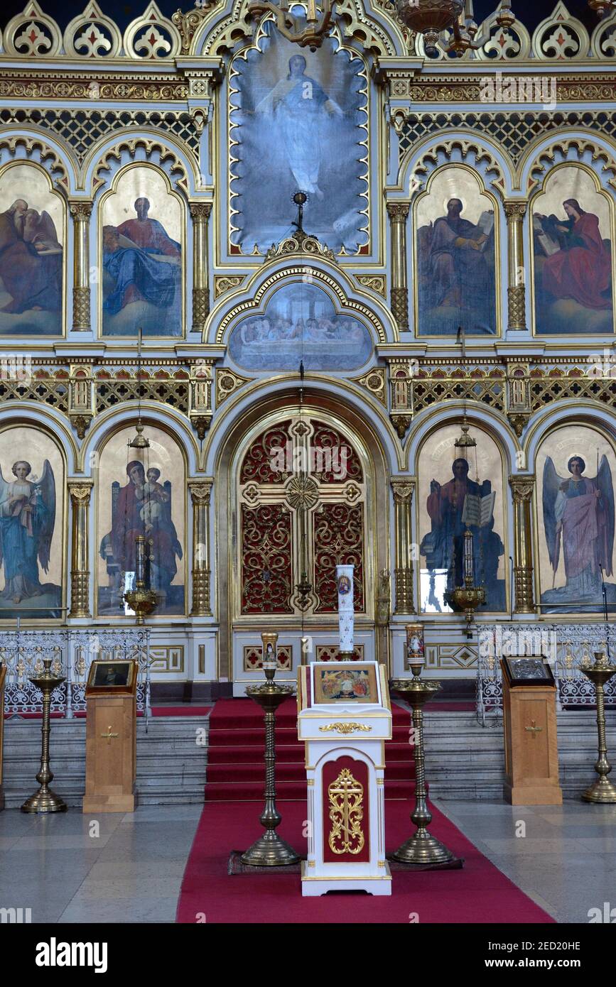 Russian Orthodox Uspenski Cathedral, interior, chancel with iconostasis, altar table, sacral art ...