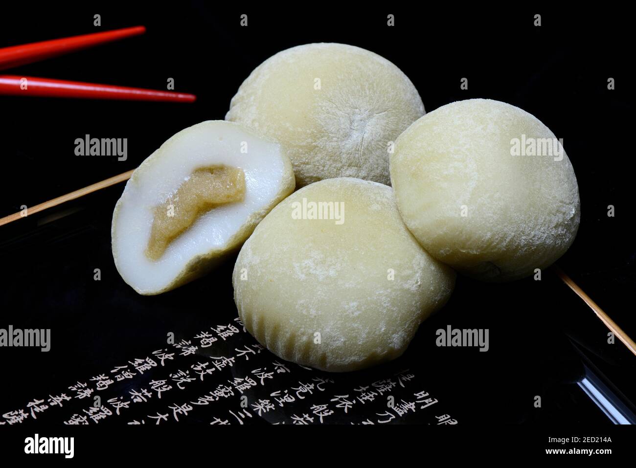 Mochi with chopsticks, Japanese sticky rice cake with green tea taste ...