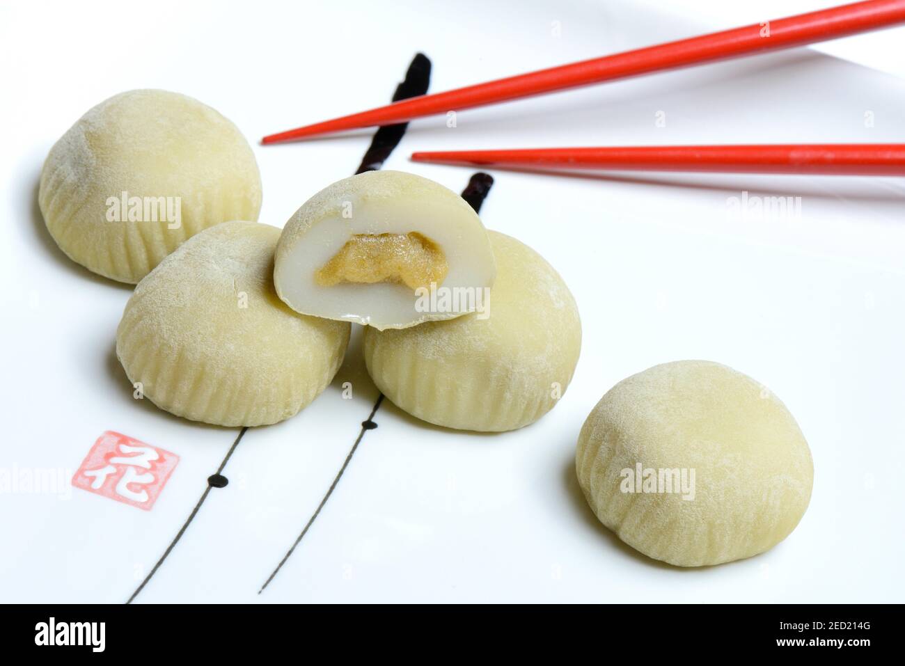 Mochi with chopsticks, Japanese sticky rice cake with green tea taste ...