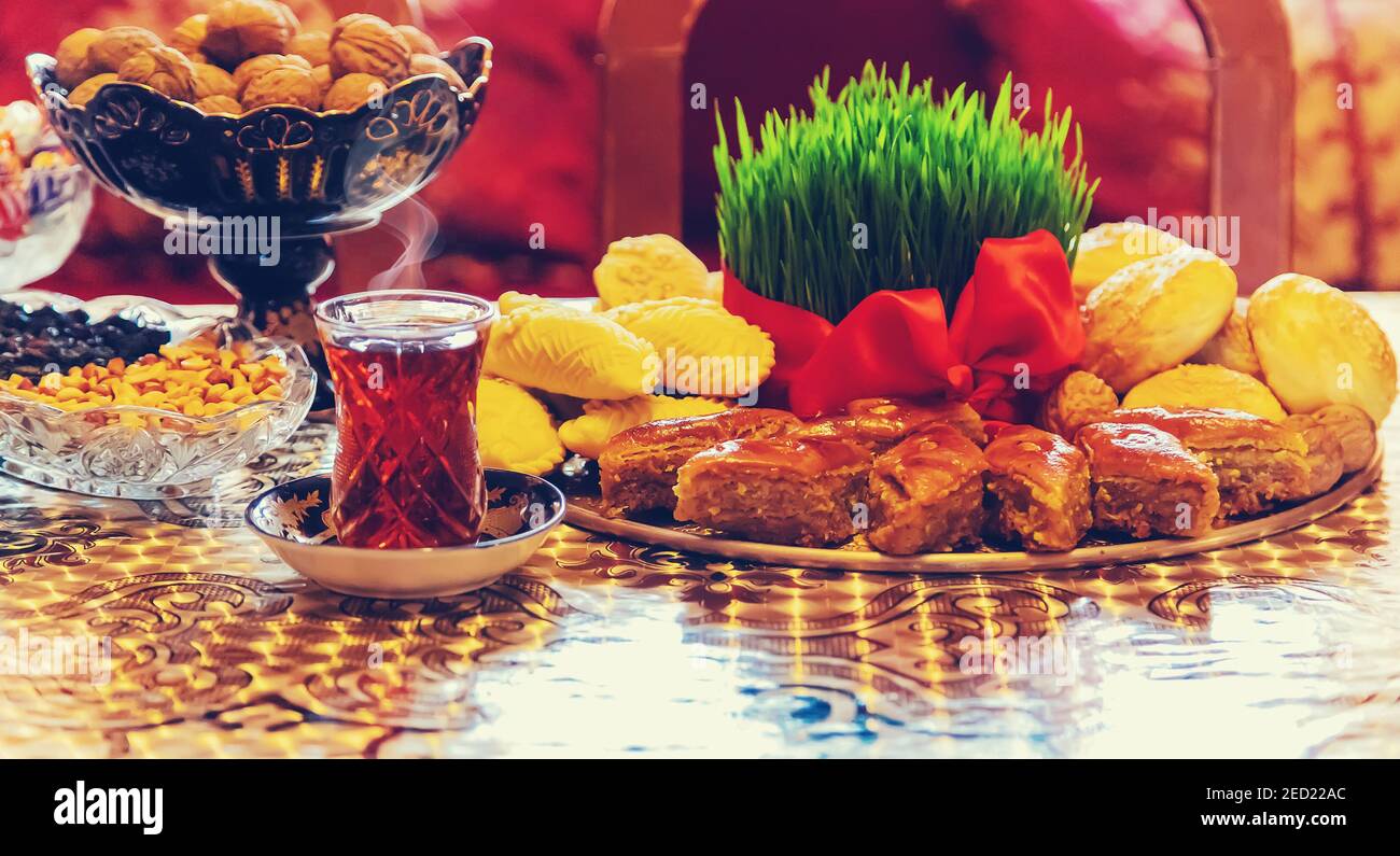 Navruz, an Azerbaijani national holiday. Sweets. Selective focus Food ...