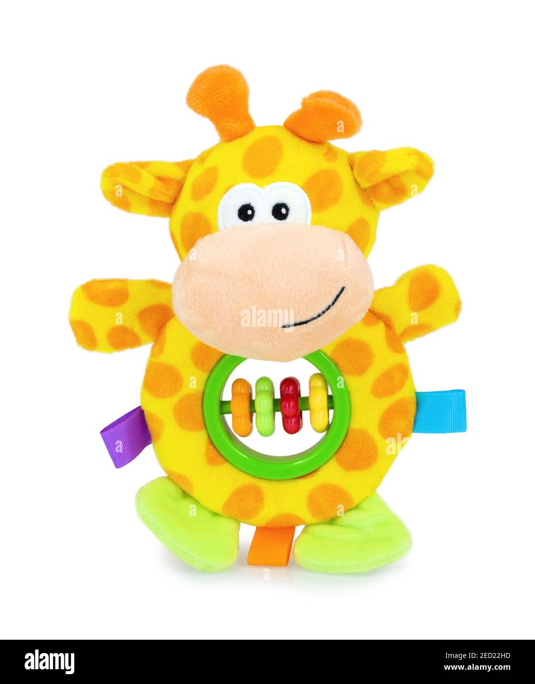 Cute yellow giraffe rattle doll with plastic rings isolated on white ...