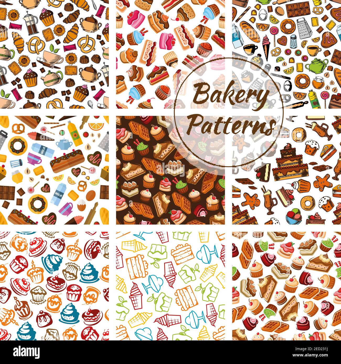 Bakery bread, pastry, patisserie sweets patterns. Vector seamless ...