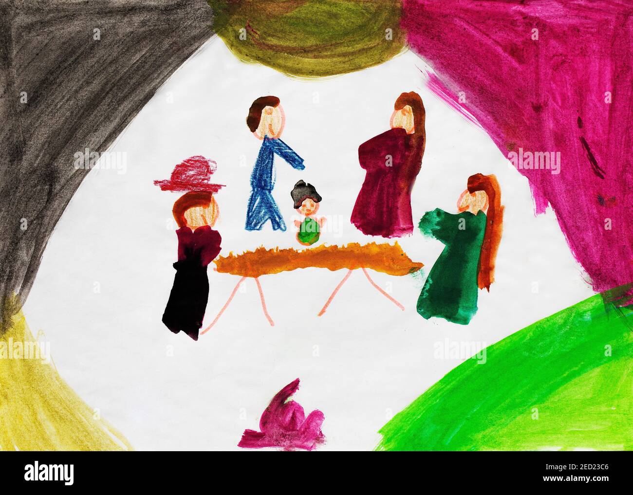 Naive illustration, children's drawing, Christmas, nativity scene scene ...