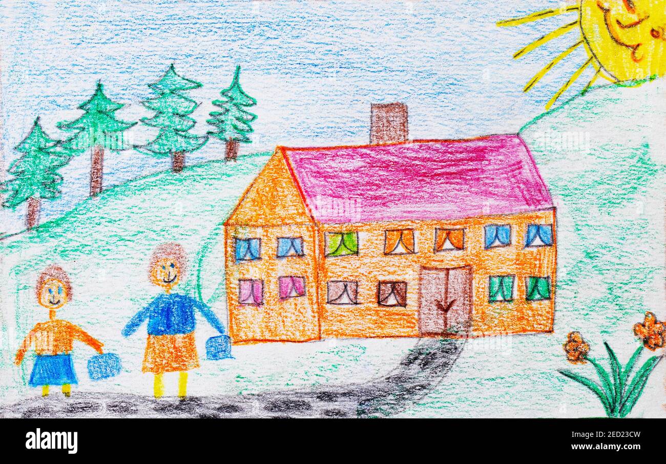 Naive illustration, children drawing, children on the way to school in ...