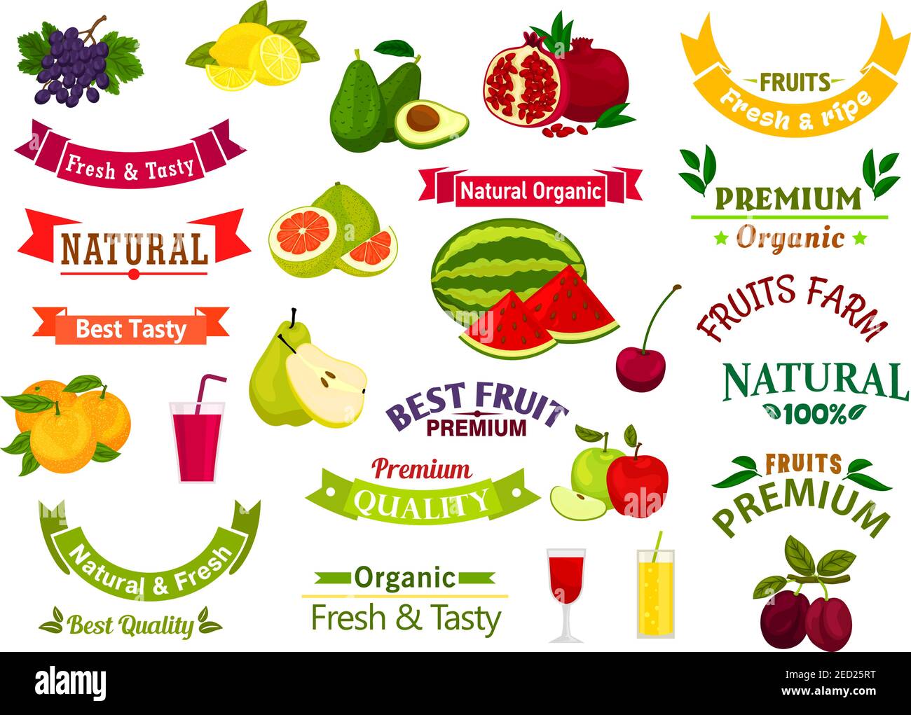 Fresh fruit emblems, ribbons, labels for juice, jam product sticker ...