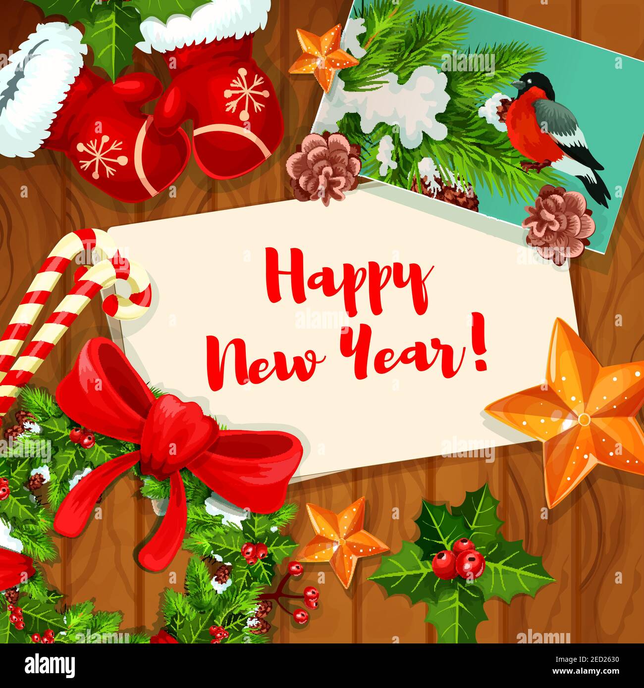 New Year greeting card with holly berry and fir tree wreath with red ...